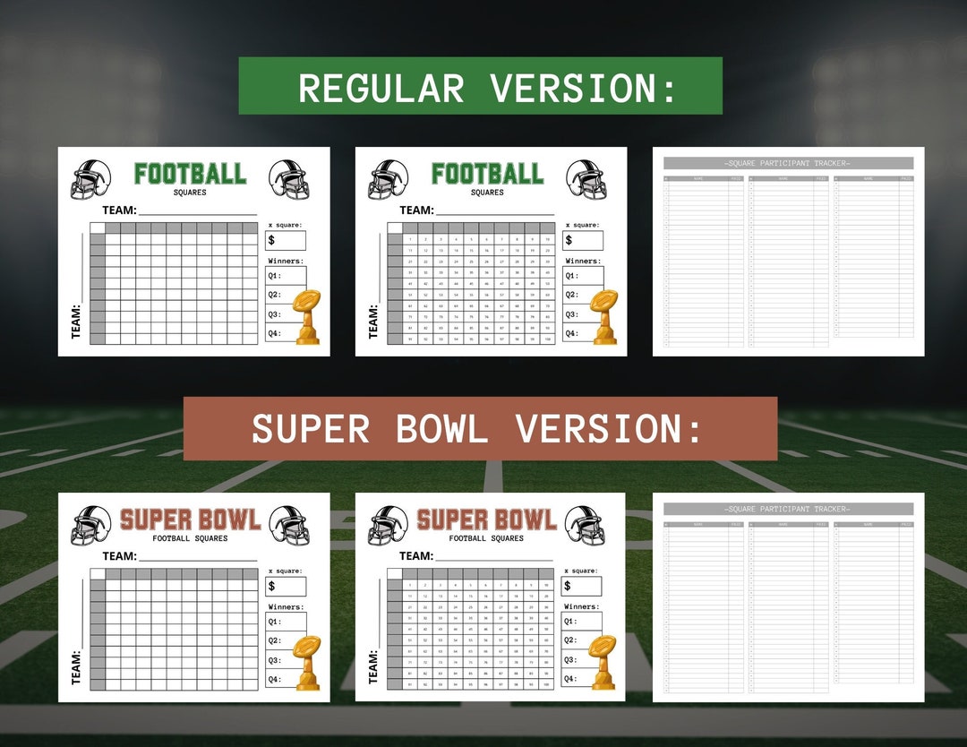 Printable Super Bowl Square Set, American Football Fundraiser, Soccer ...