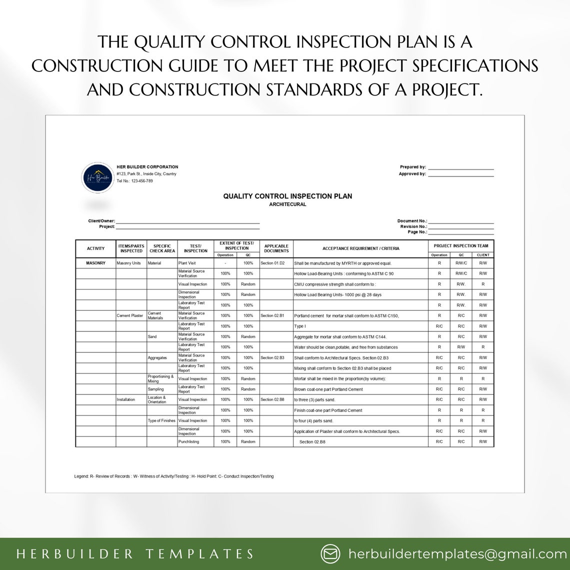 Quality Control Inspection Plan Template for Architectural Works ...