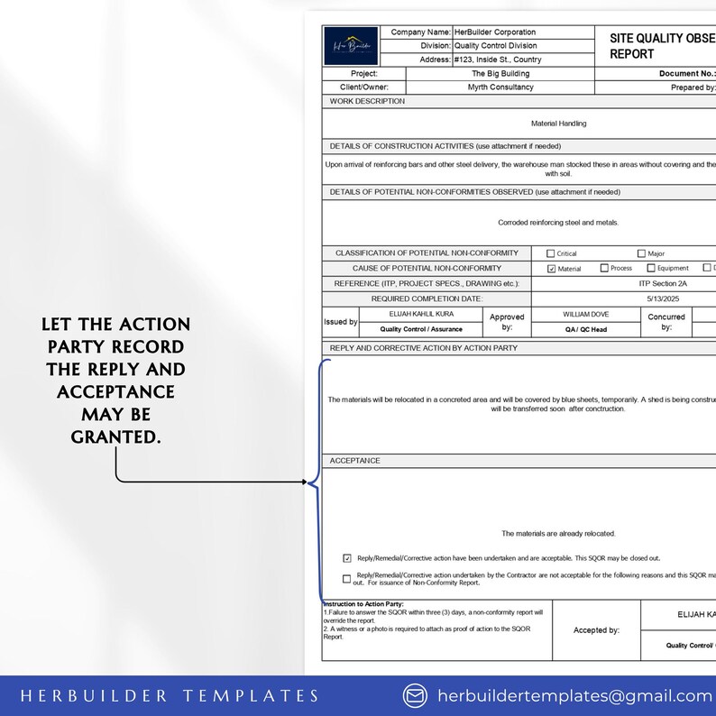 Site Quality Observation Report Form, Quality Control Inspection Report ...