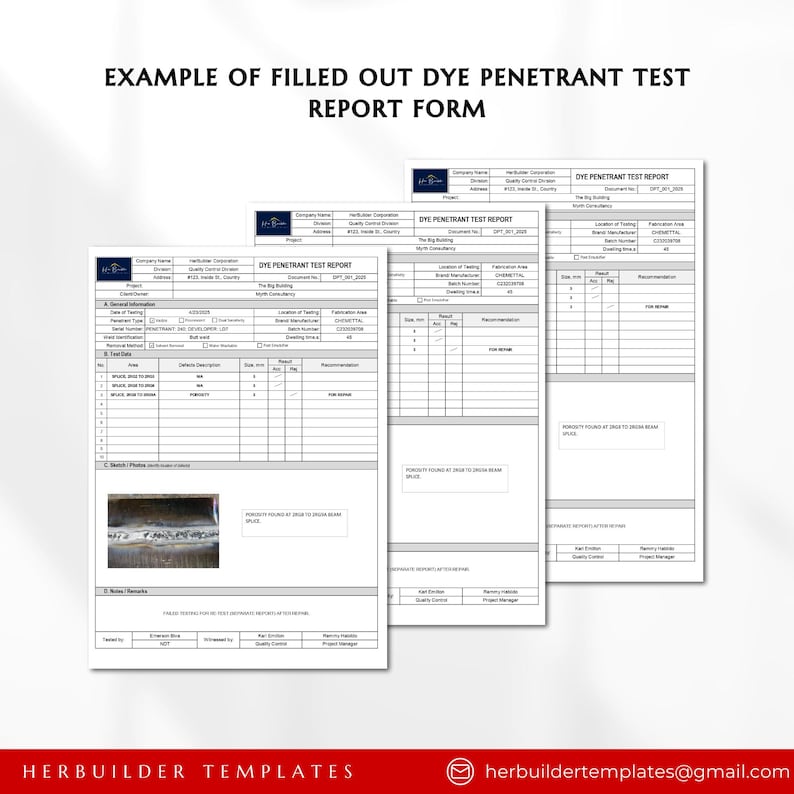 Dye Penetrant Test Report Form, Liquid Penetrant Test Report, Weld Test ...