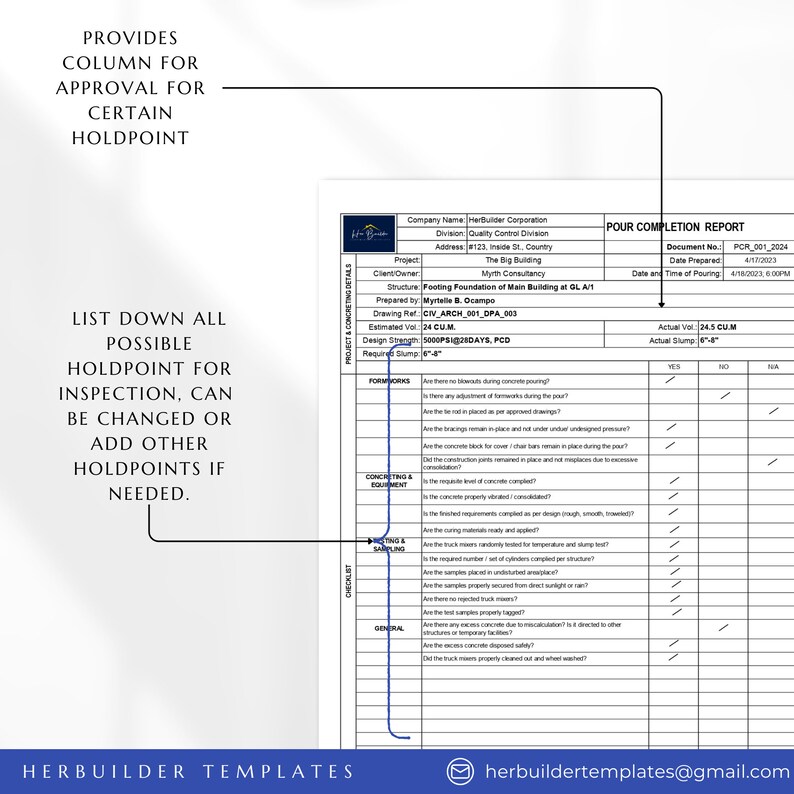 Concrete Pour Completion Report, Concrete Pouring Checklist, Inspection ...