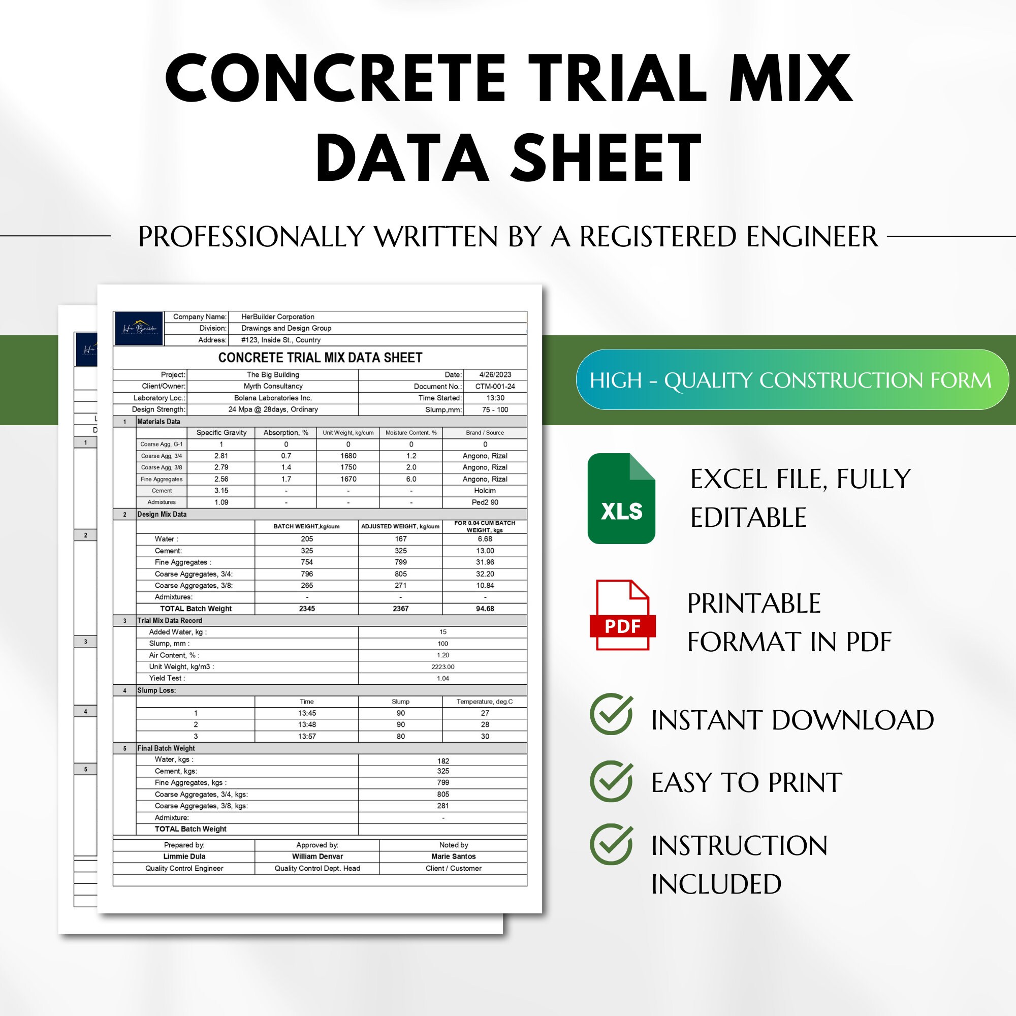 Concrete Trial Mix Data Sheet, Concrete Trial Batch, Ready Mix Concrete Trial Batching, Quality ...