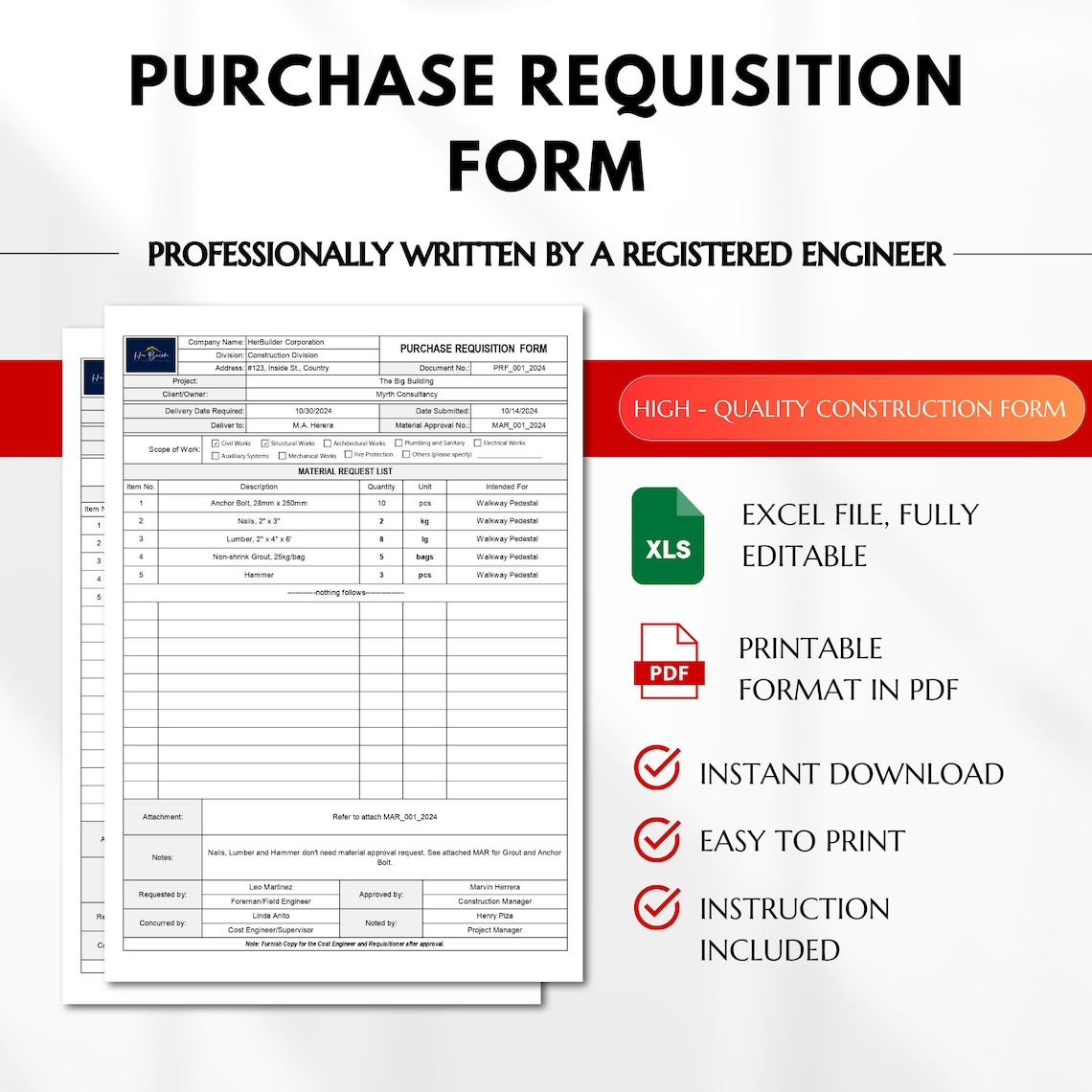Purchase Requisition Form, Construction Material Request, Project ...