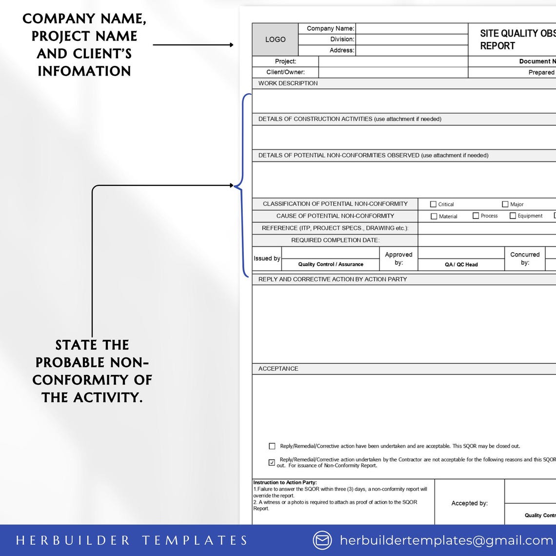 Site Quality Observation Report Form, Quality Control Inspection Report ...