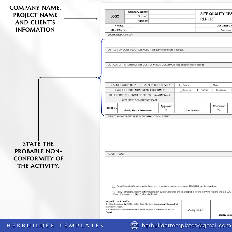Site Quality Observation Report Form, Quality Control Inspection Report ...
