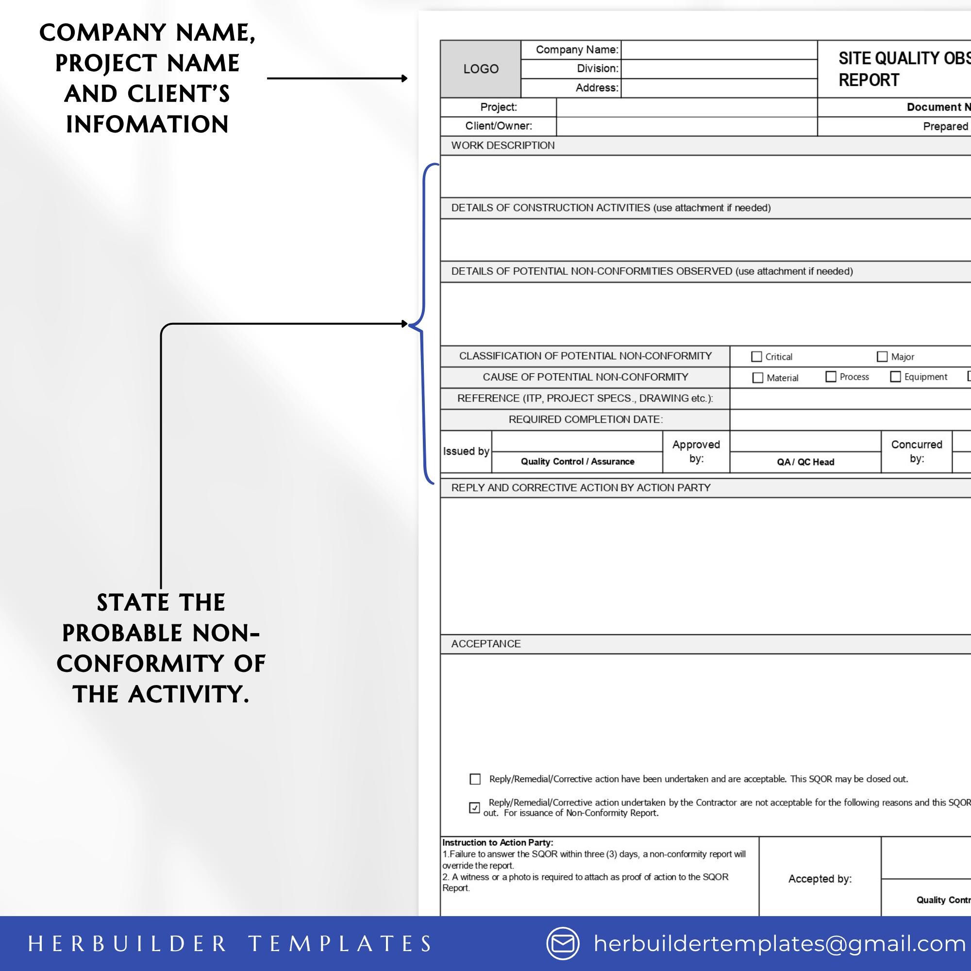 Site Quality Observation Report Form, Quality Control Inspection Report ...