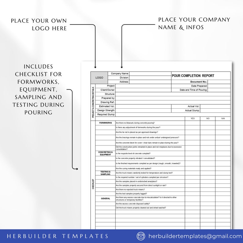 Concrete Pour Completion Report, Concrete Pouring Checklist, Inspection ...
