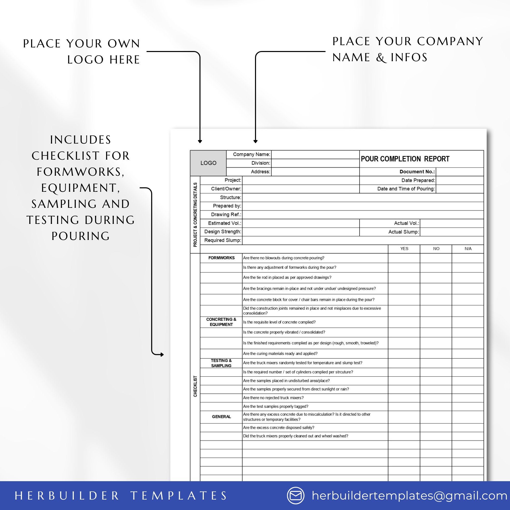 Concrete Pour Completion Report, Concrete Pouring Checklist, Inspection ...