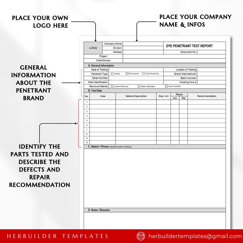 Dye Penetrant Test Report Form, Liquid Penetrant Test Report, Weld Test ...