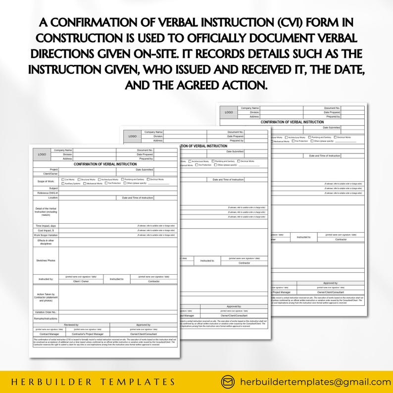 Confirmation of Verbal Instruction Form, Site Instruction Form, Change ...