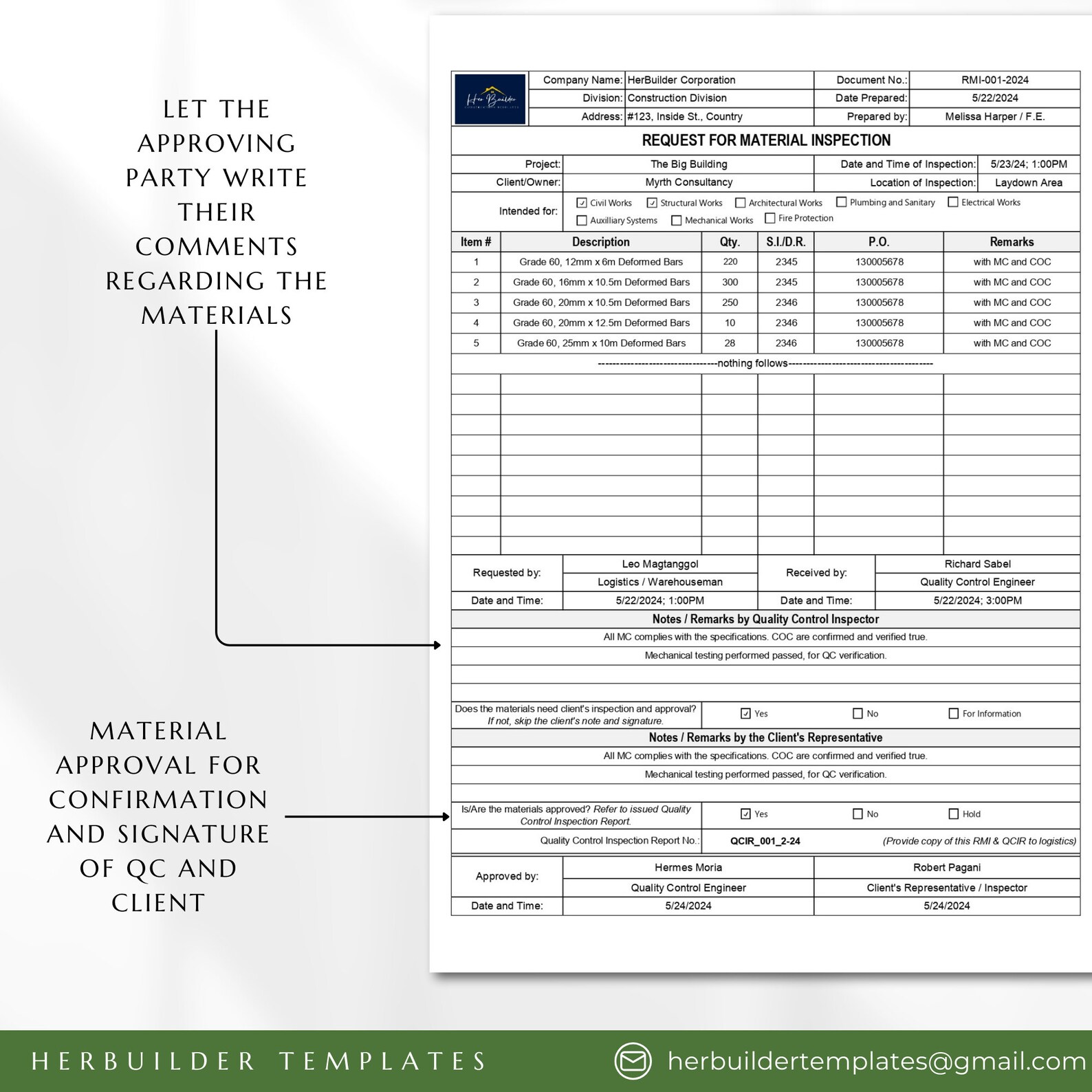 Request for Material Inspection, Inspection of Delivered Materials ...