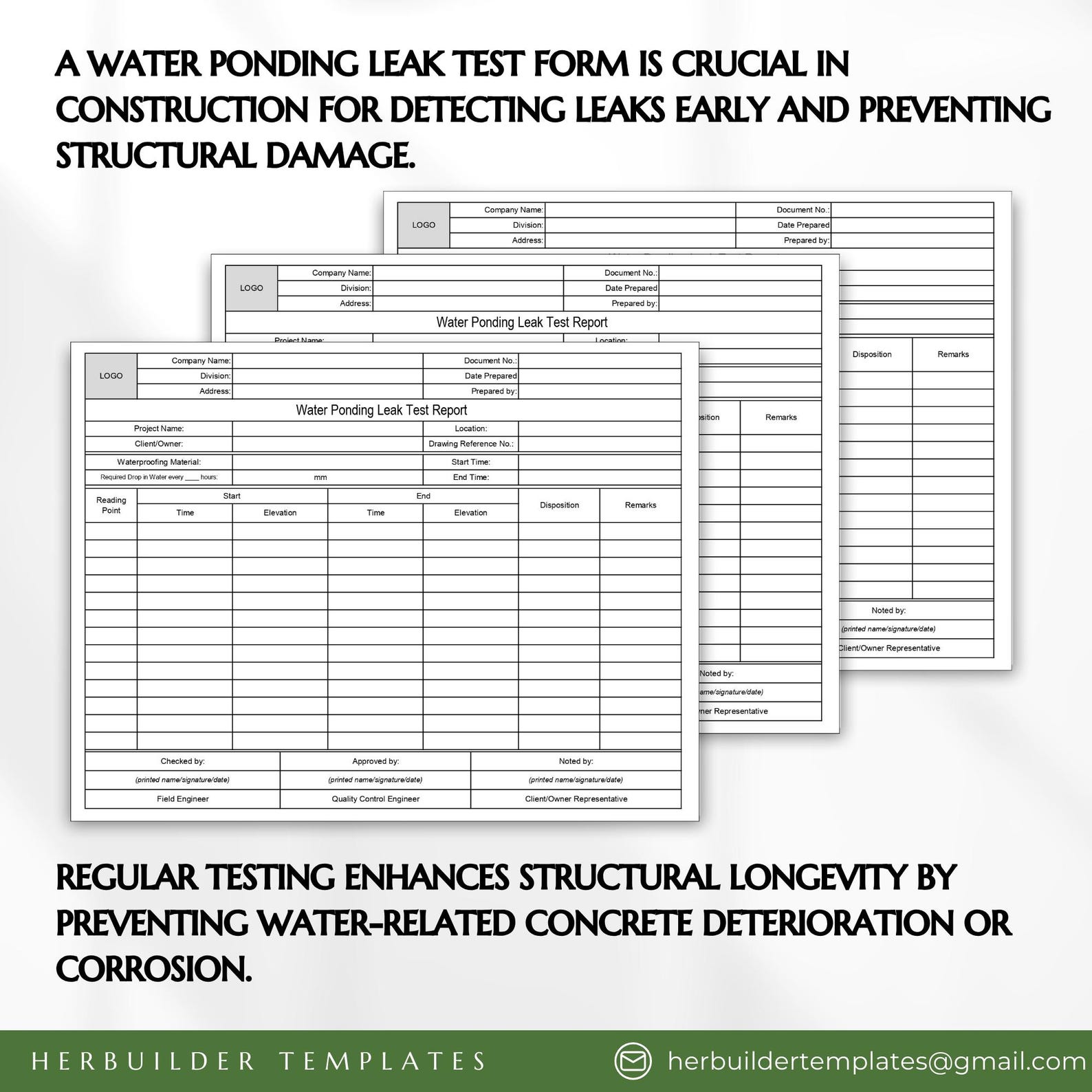 Water Ponding Leak Test Form, Leak Test Form, Water Tank Leak Test ...