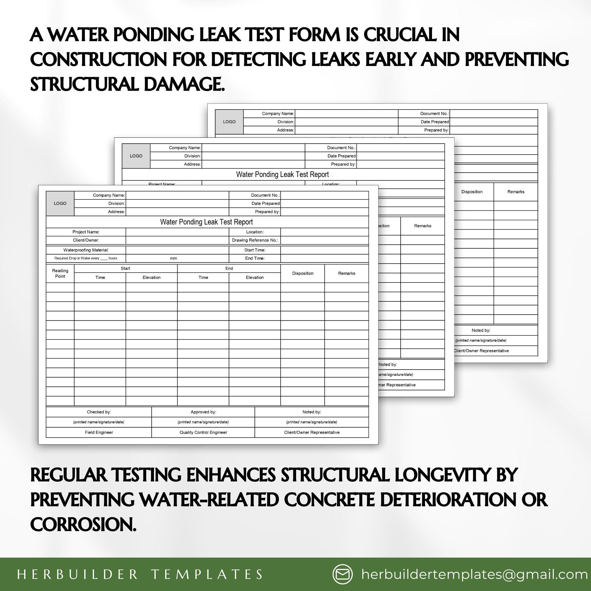 Water Ponding Leak Test Form, Leak Test Form, Water Tank Leak Test ...