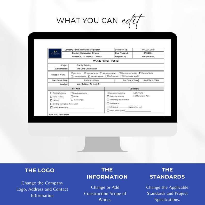 Construction Work Permit Form, Permit to Work Form, Safety Inspection ...