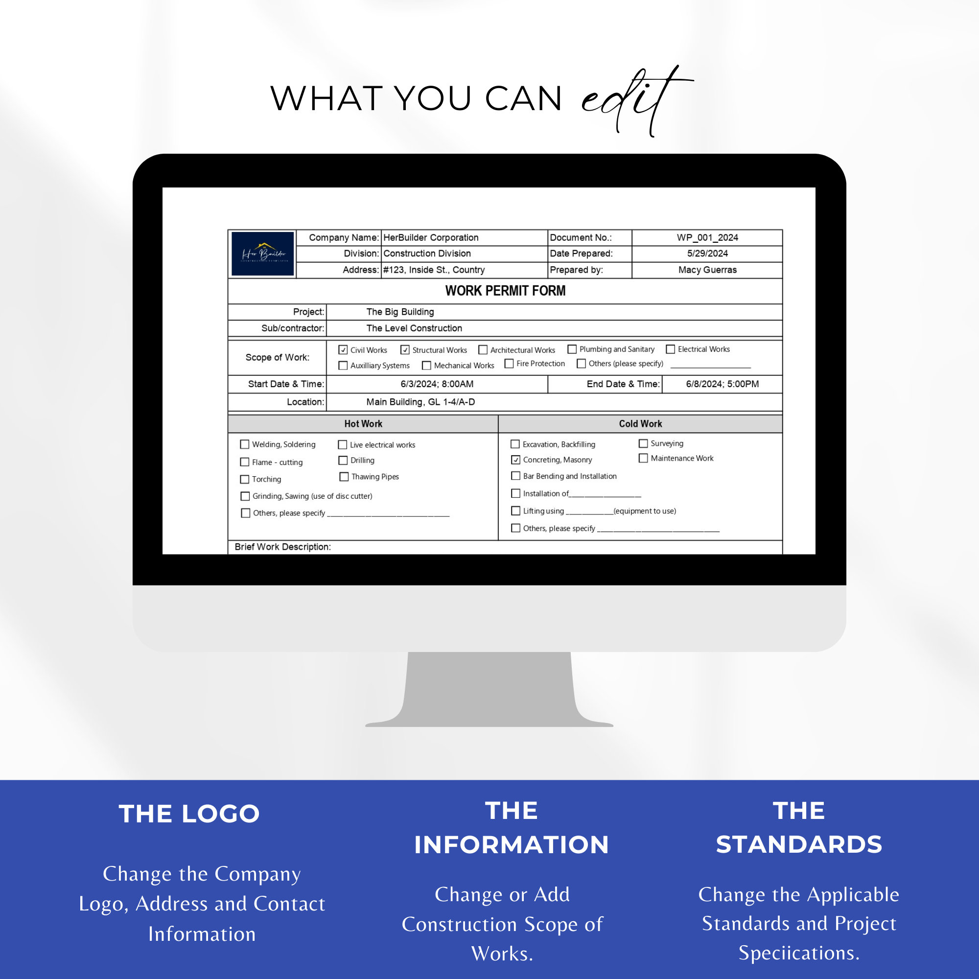 Construction Work Permit Form, Permit to Work Form, Safety Inspection ...