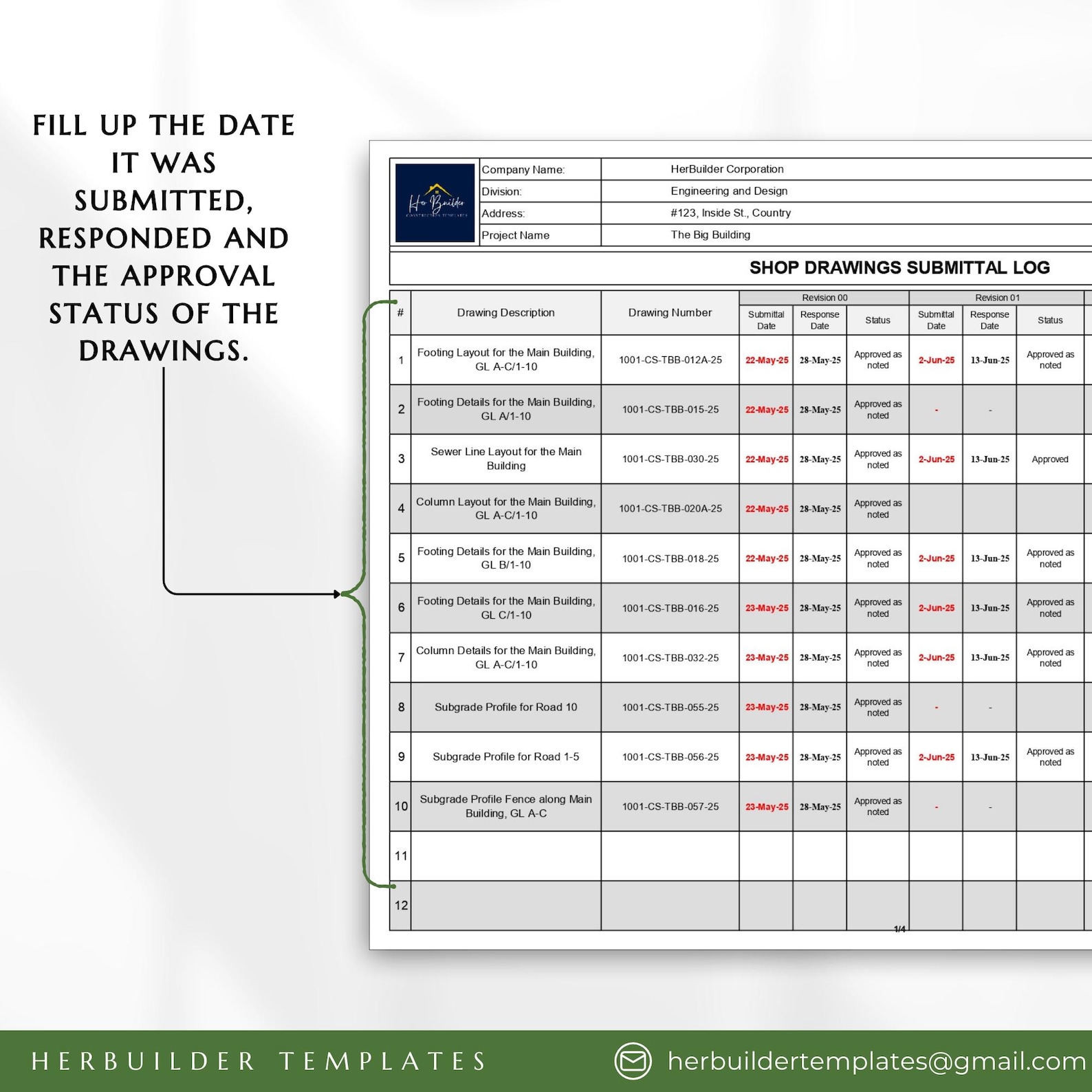 Shop Drawing Submittal Log Form, Drawing Log Submission Record, Construction Drawings Log ...