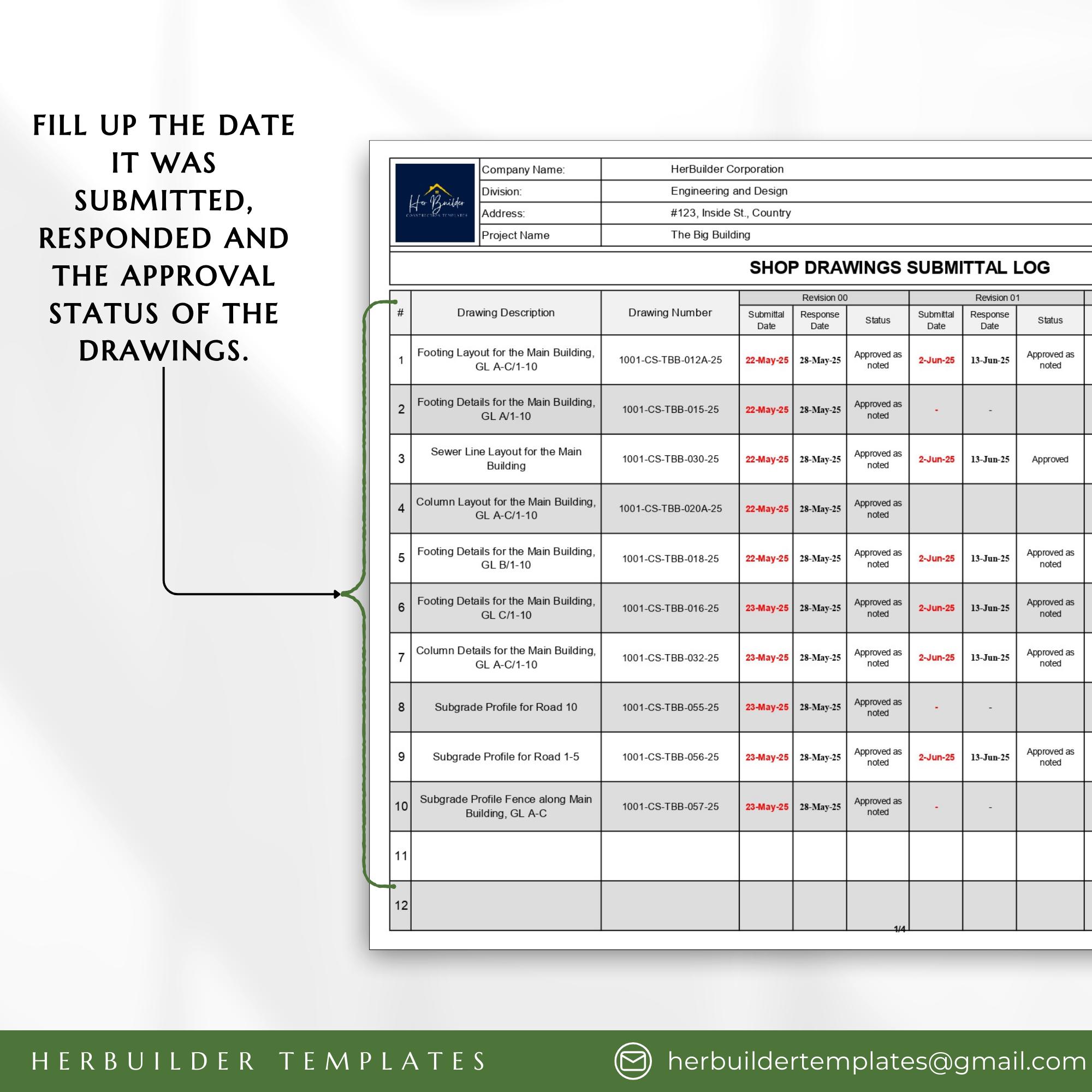 Shop Drawing Submittal Log Form, Drawing Log Submission Record ...