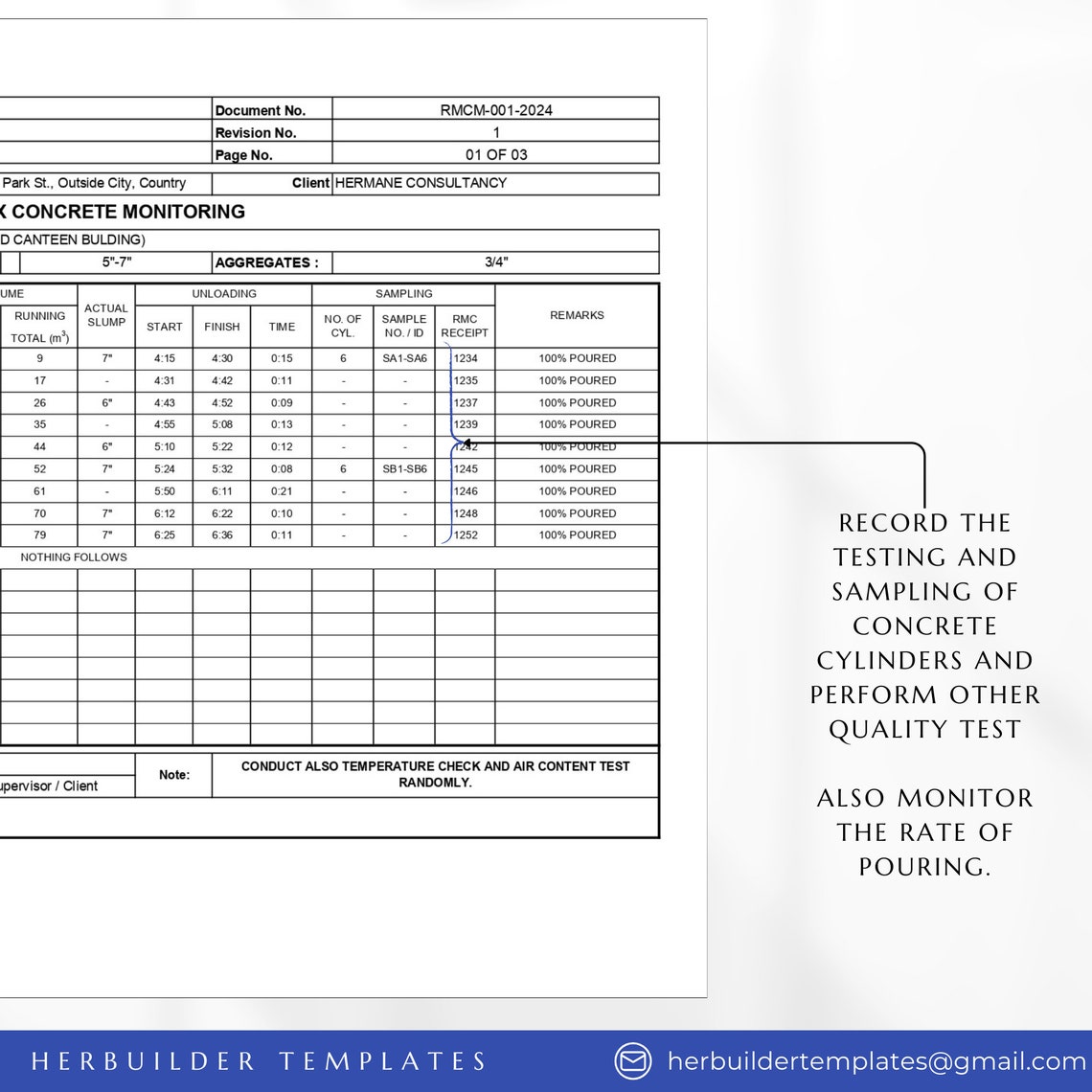 Ready Mix Concrete Monitoring Form, Concrete Pouring Monitoring Log ...