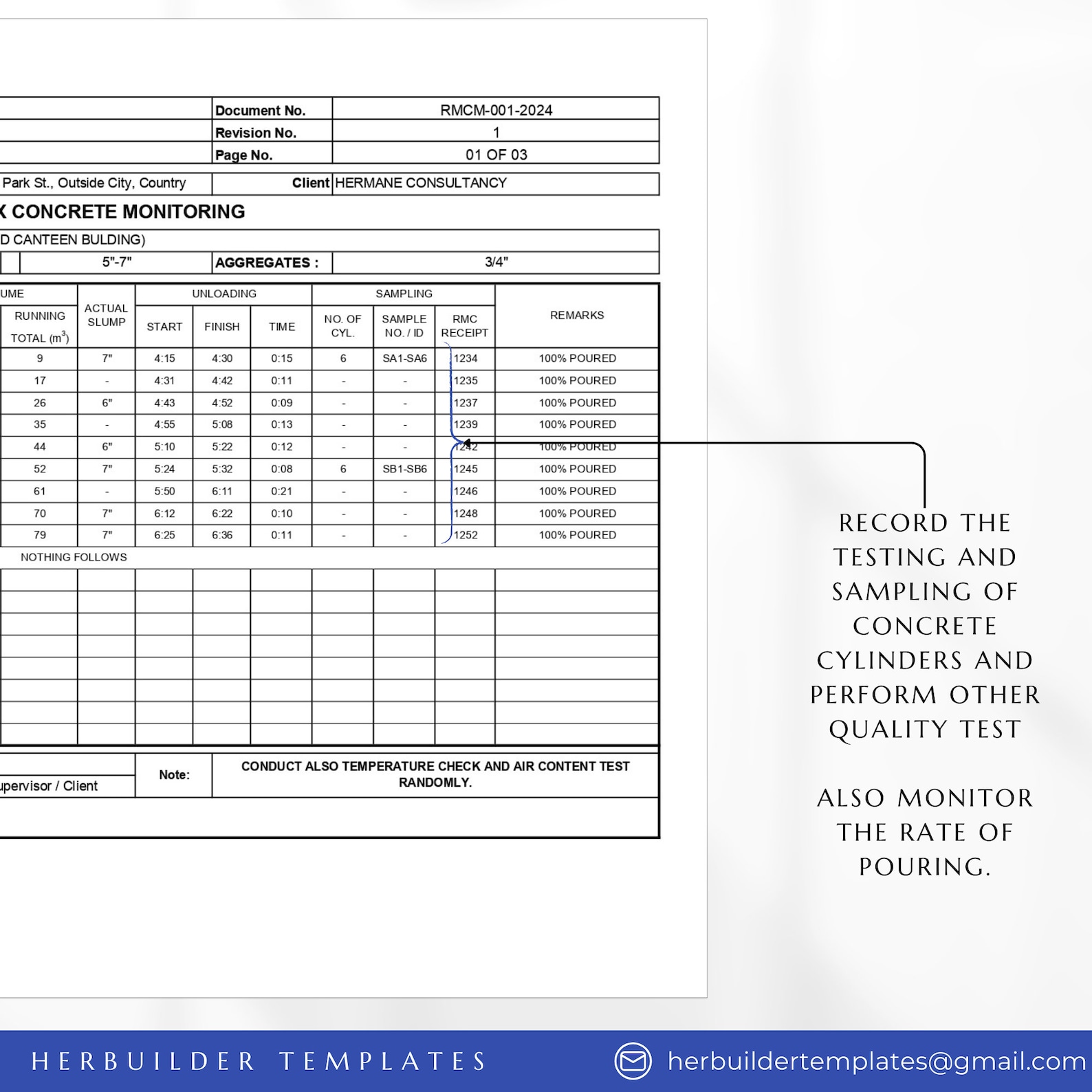 Ready Mix Concrete Monitoring Form, Concrete Pouring Monitoring Log ...