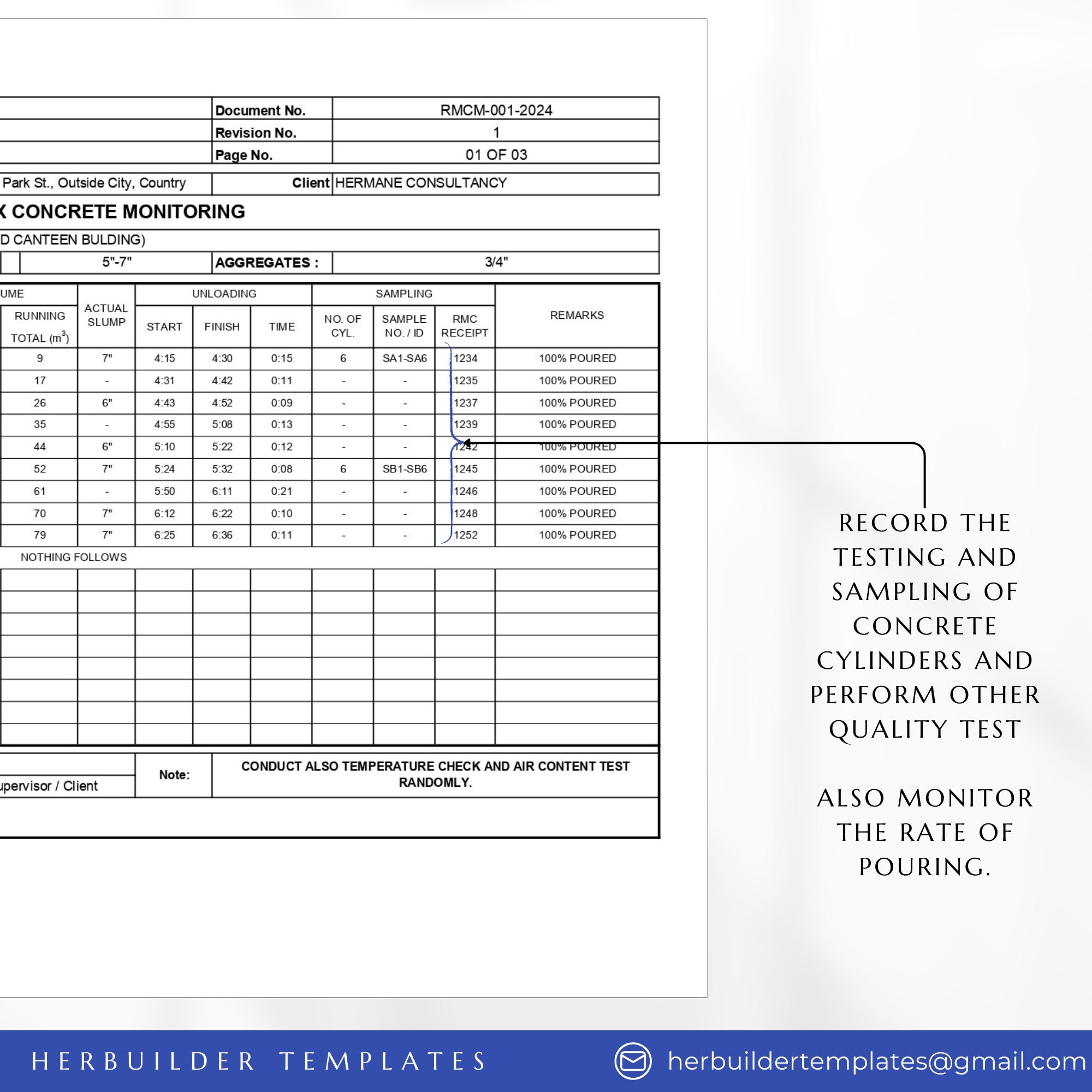 Ready Mix Concrete Monitoring Form, Concrete Pouring Monitoring Log ...