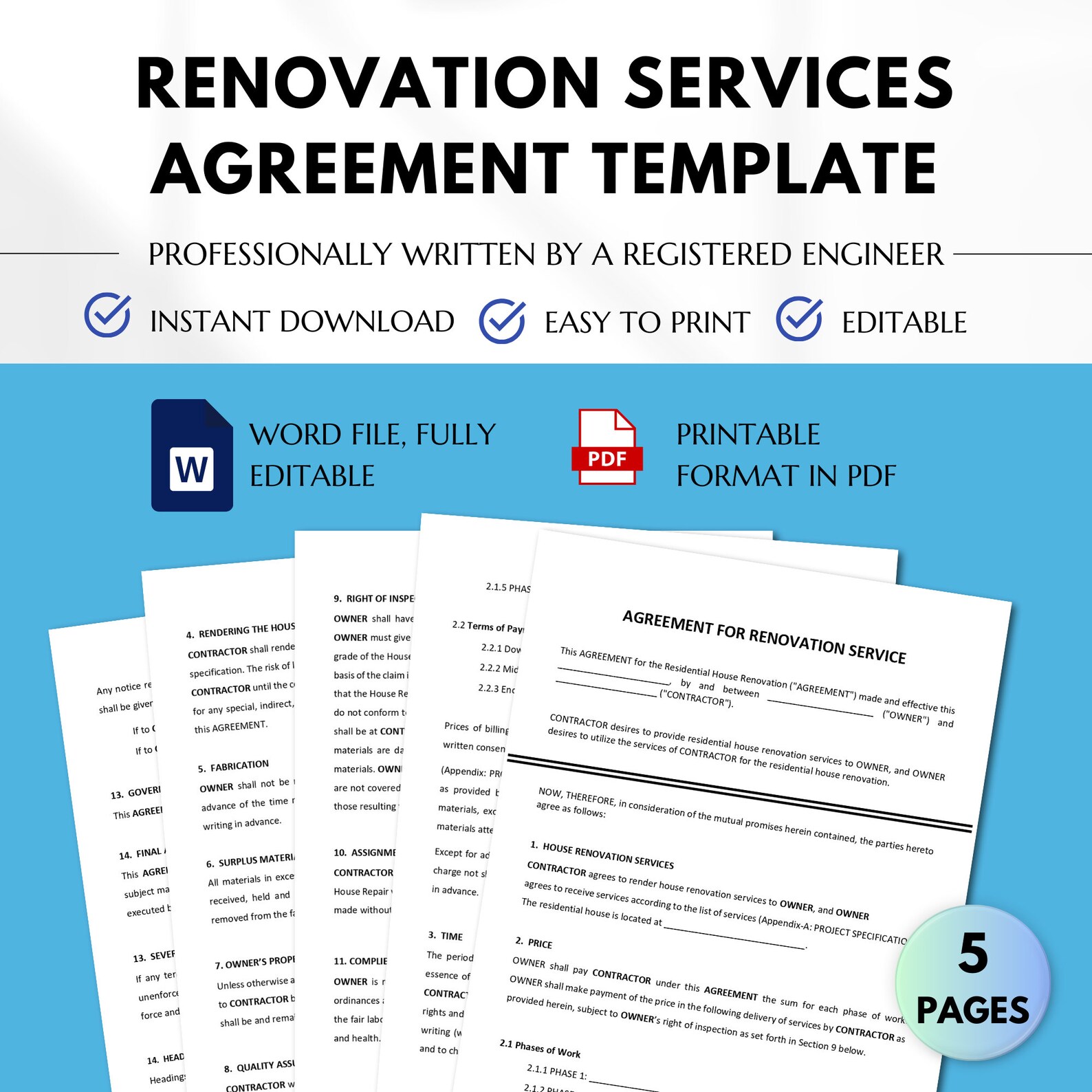 Renovation Services Agreement, House Improvement Contract, Additional ...