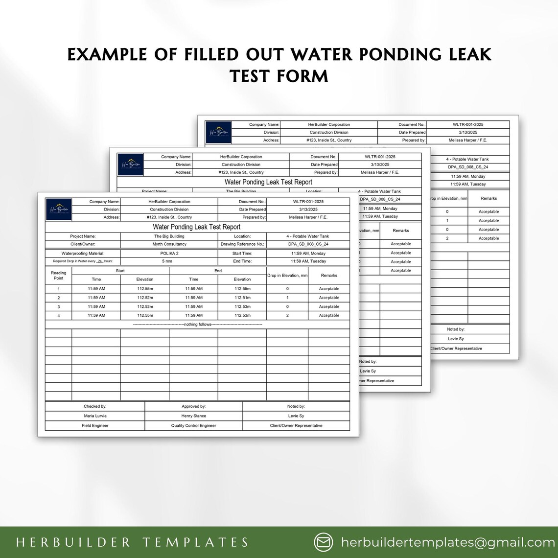 Water Ponding Leak Test Form, Leak Test Form, Water Tank Leak Test ...