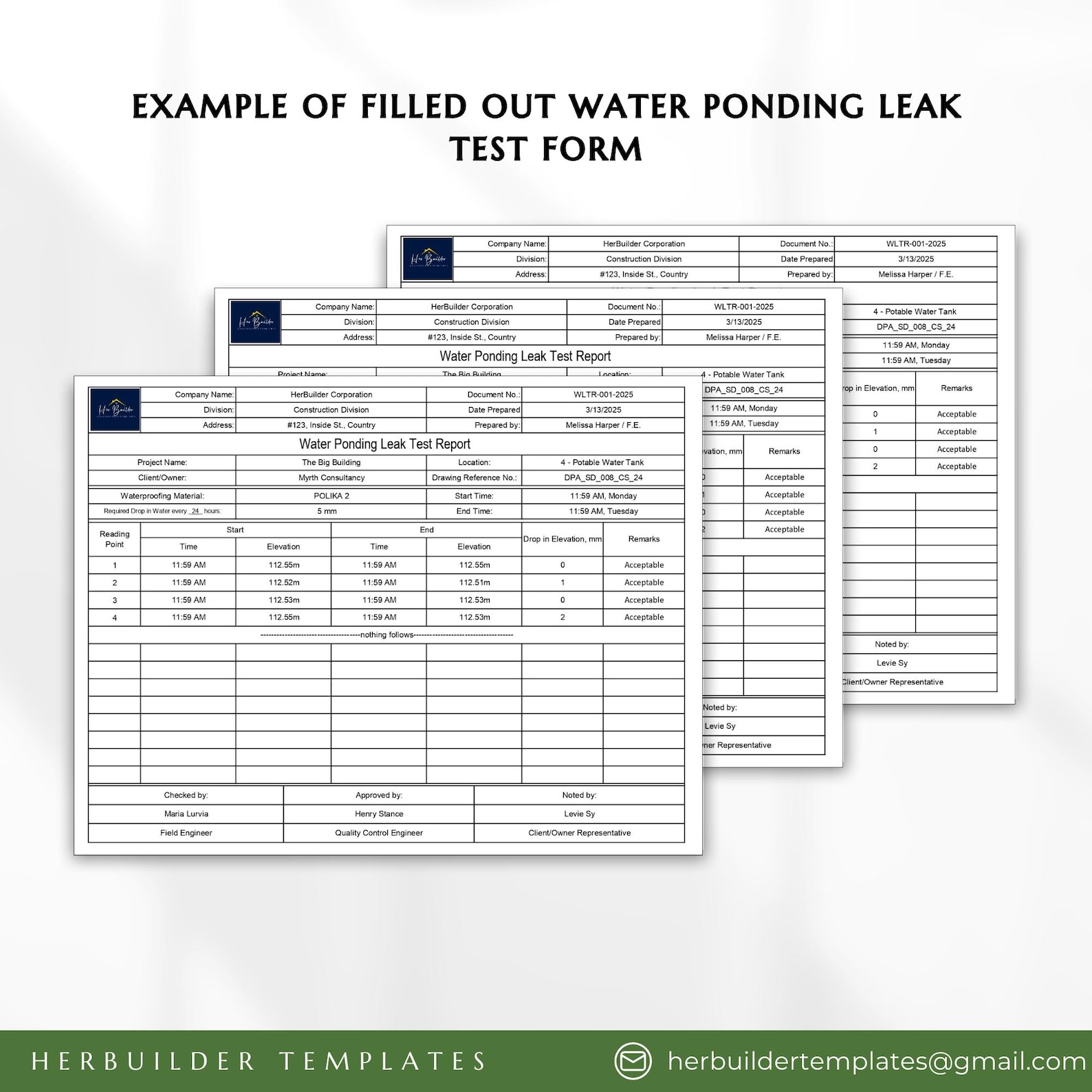Water Ponding Leak Test Form, Leak Test Form, Water Tank Leak Test ...