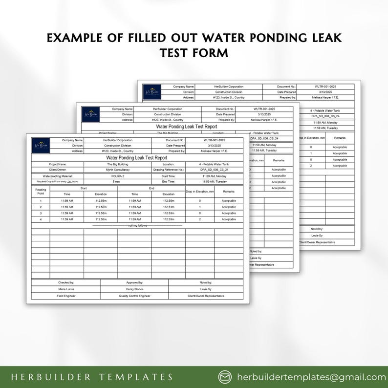 Water Ponding Leak Test Form, Leak Test Form, Water Tank Leak Test ...
