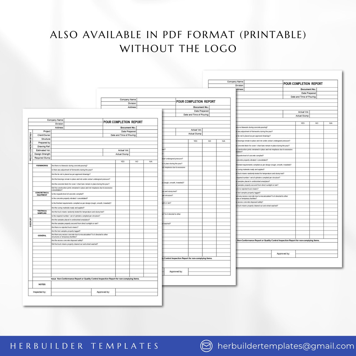 Concrete Pour Completion Report, Concrete Pouring Checklist, Inspection ...