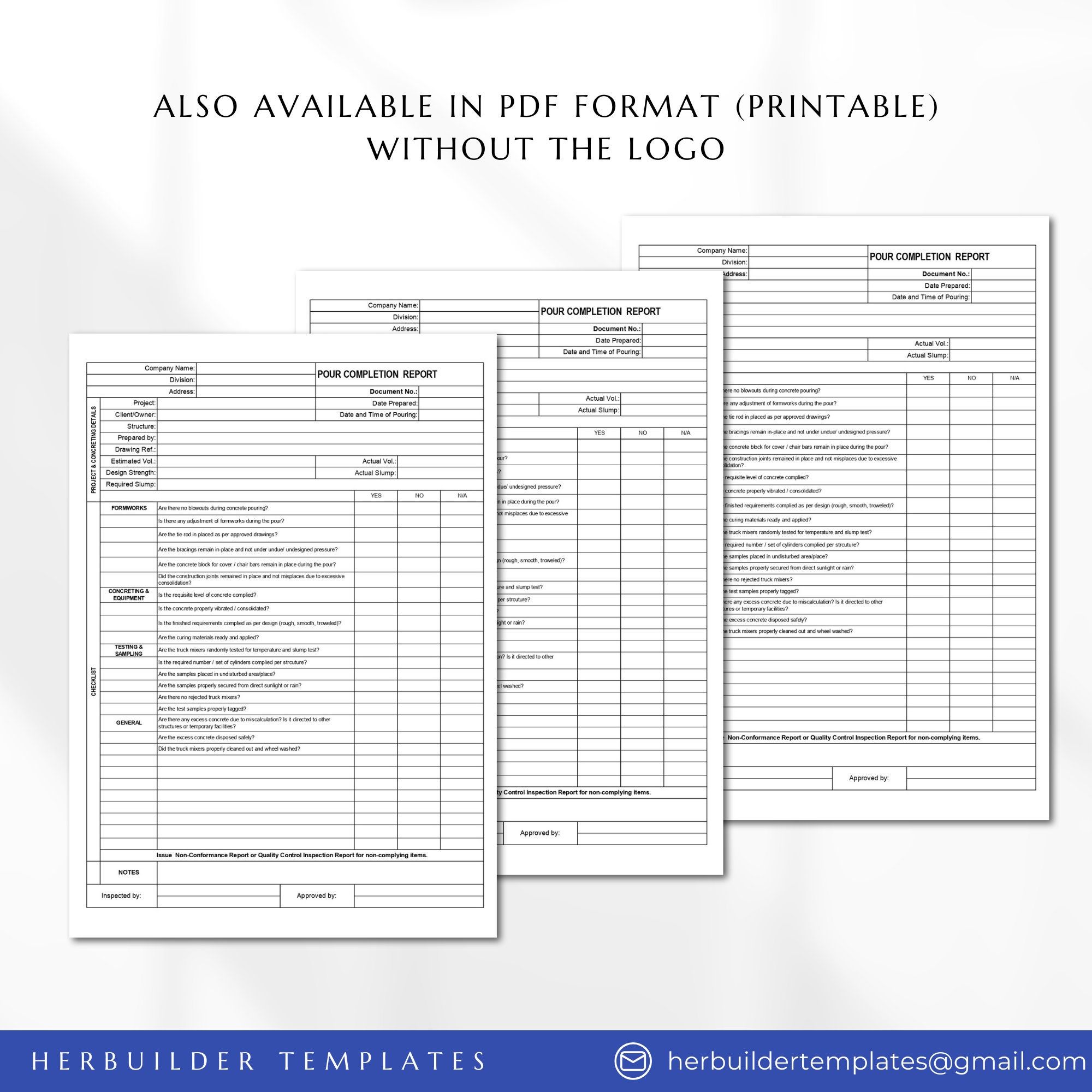 Concrete Pour Completion Report, Concrete Pouring Checklist, Inspection ...