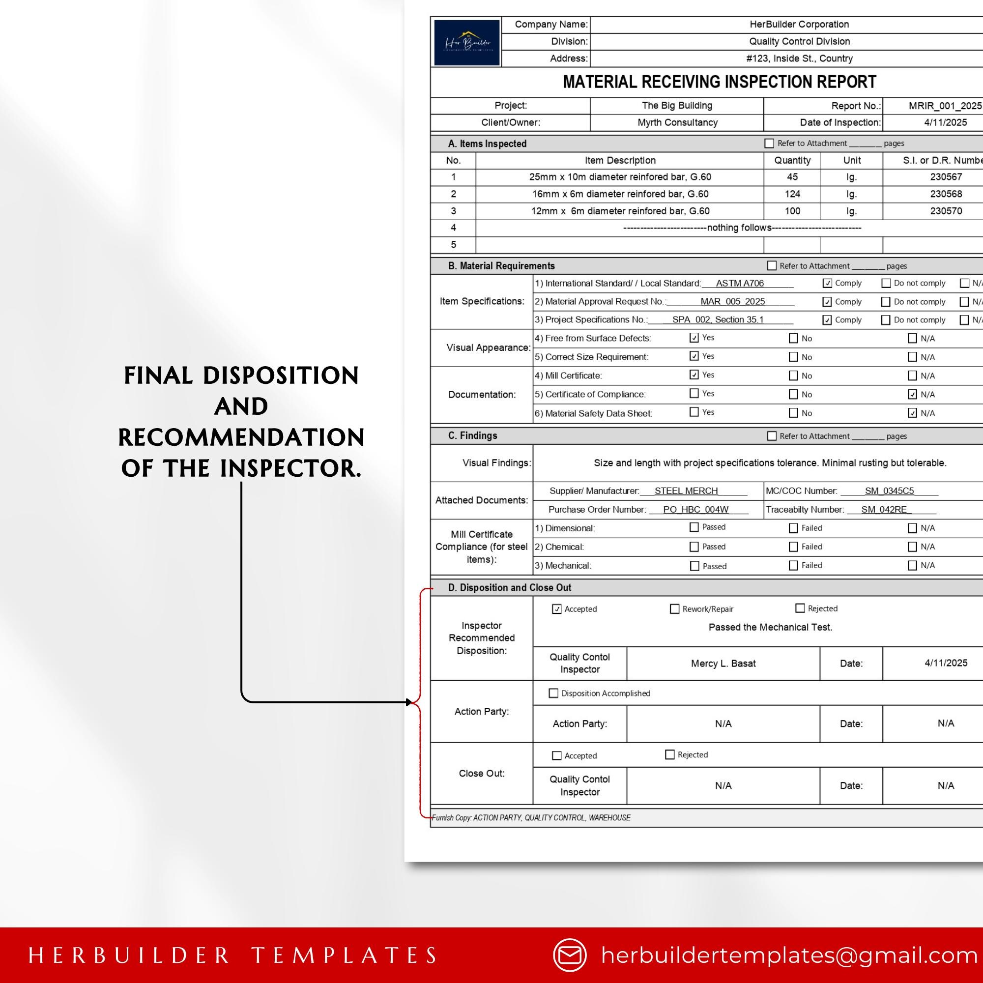 Material Receiving Inspection Report, Quality Control Inspection Report ...