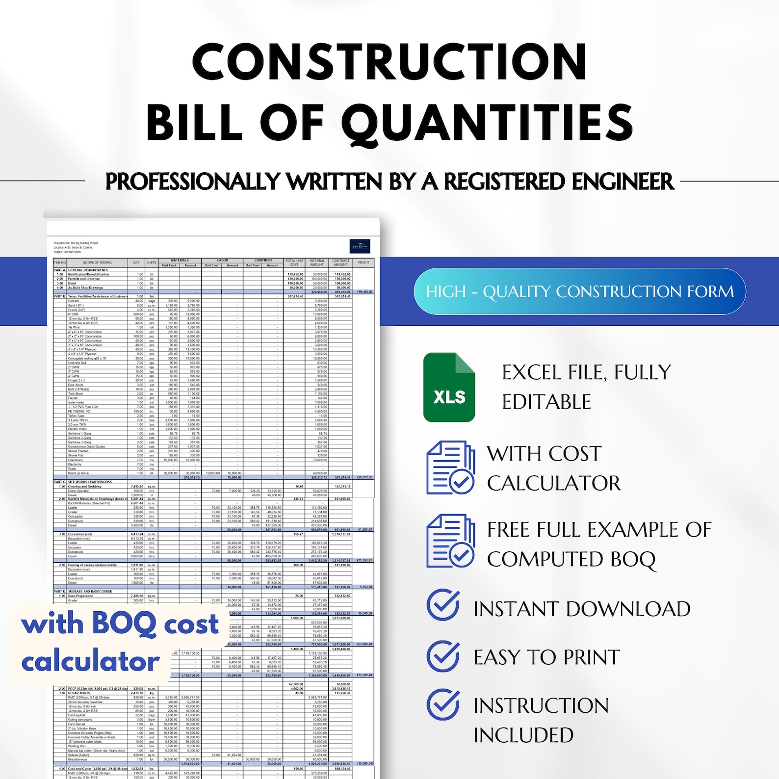 Bill of Quantities Template, Construction Cost Estimate, Cost Estimate ...