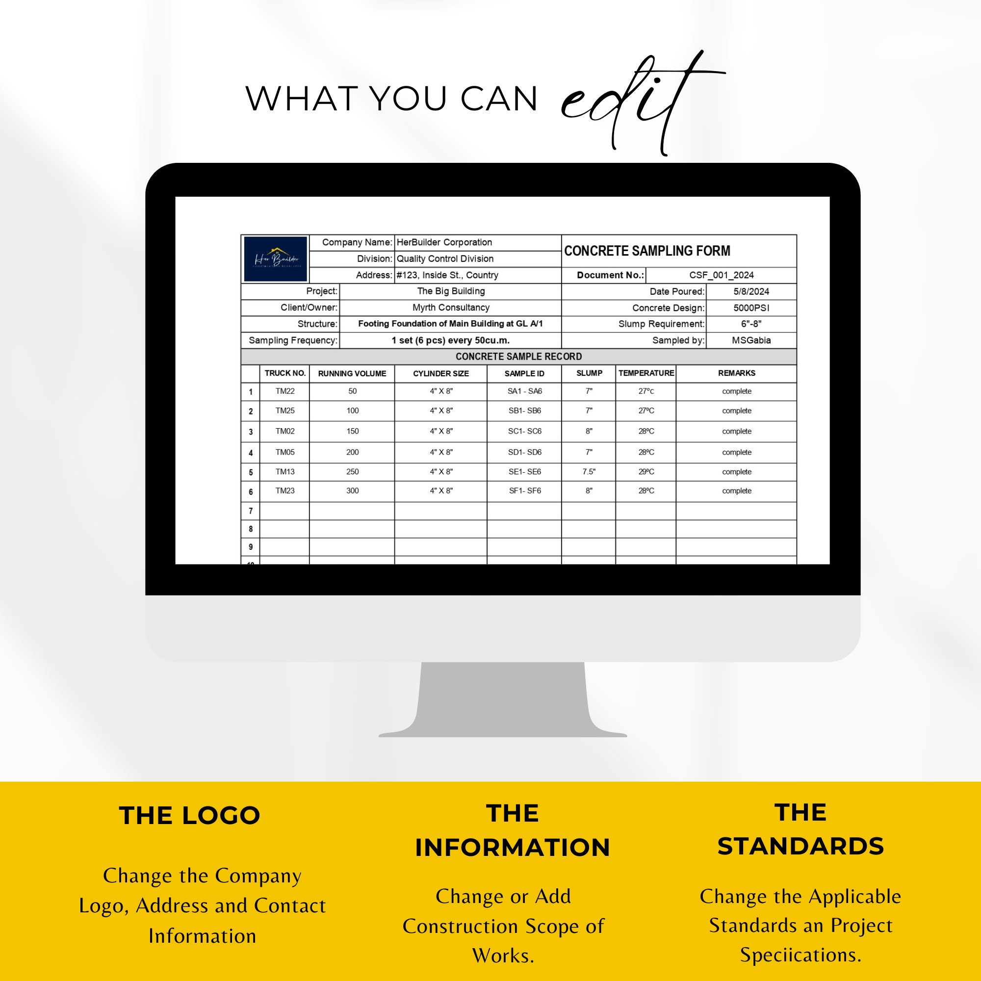 Concrete Sampling Form, Concrete Cylinder Sampling Template, Concrete ...