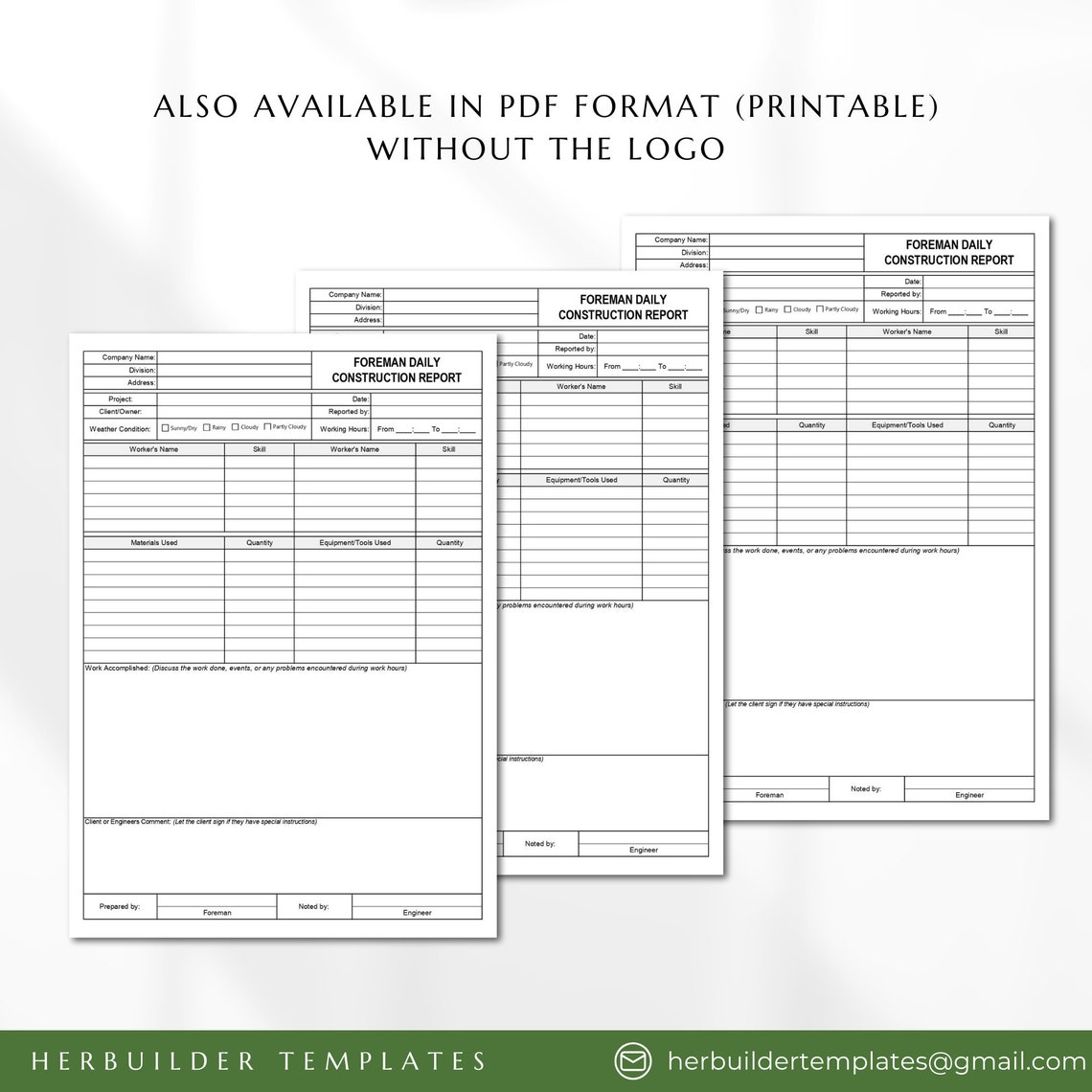 Foreman Daily Construction Report Form, Daily Site Report, Daily ...