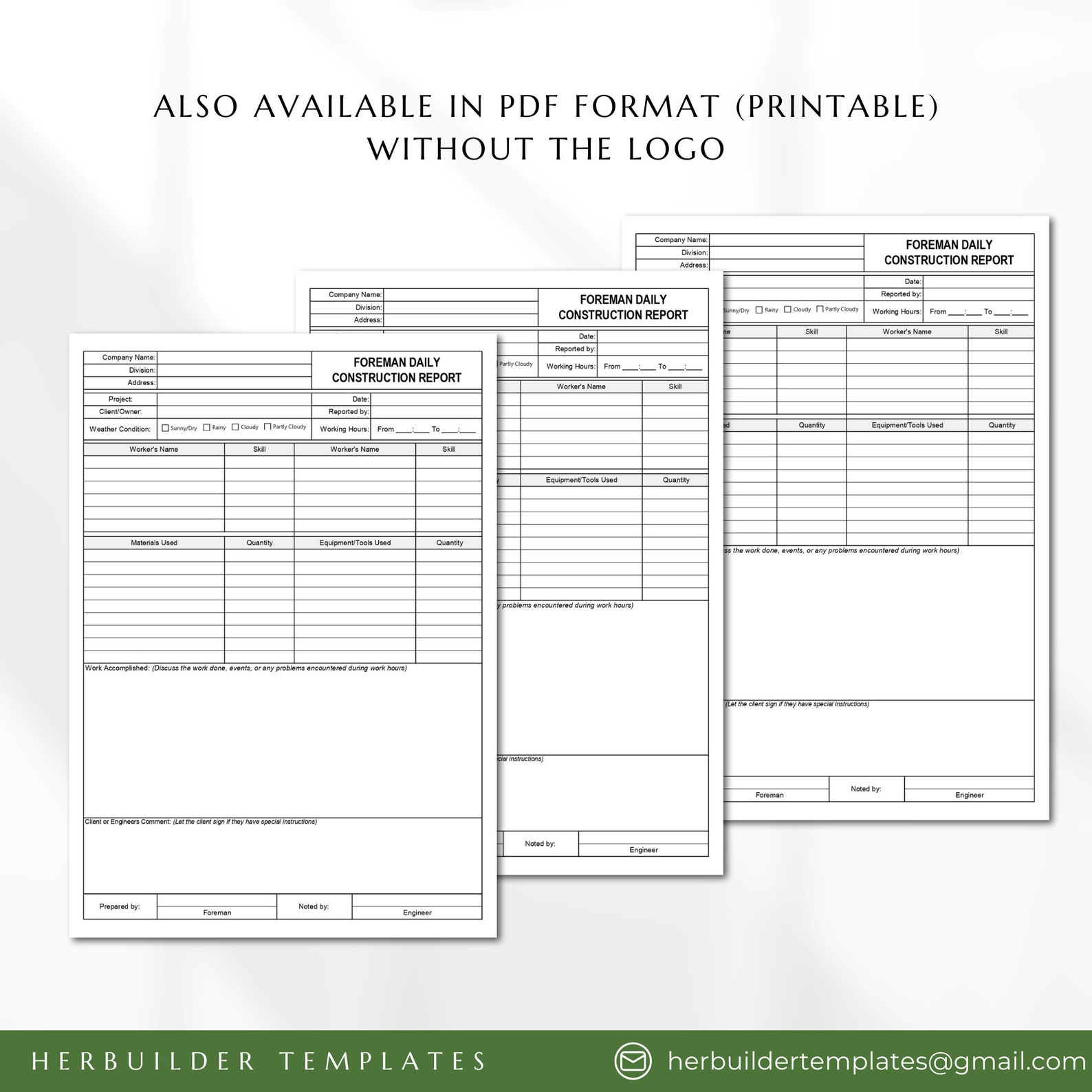 Foreman Daily Construction Report Form, Daily Site Report, Daily ...