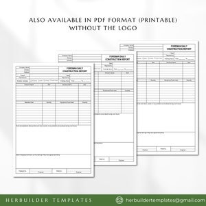 Foreman Daily Construction Report Form, Daily Site Report, Daily ...