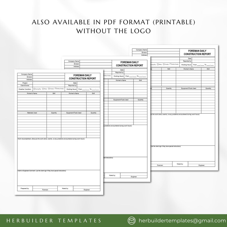 Foreman Daily Construction Report Form, Daily Site Report, Daily ...