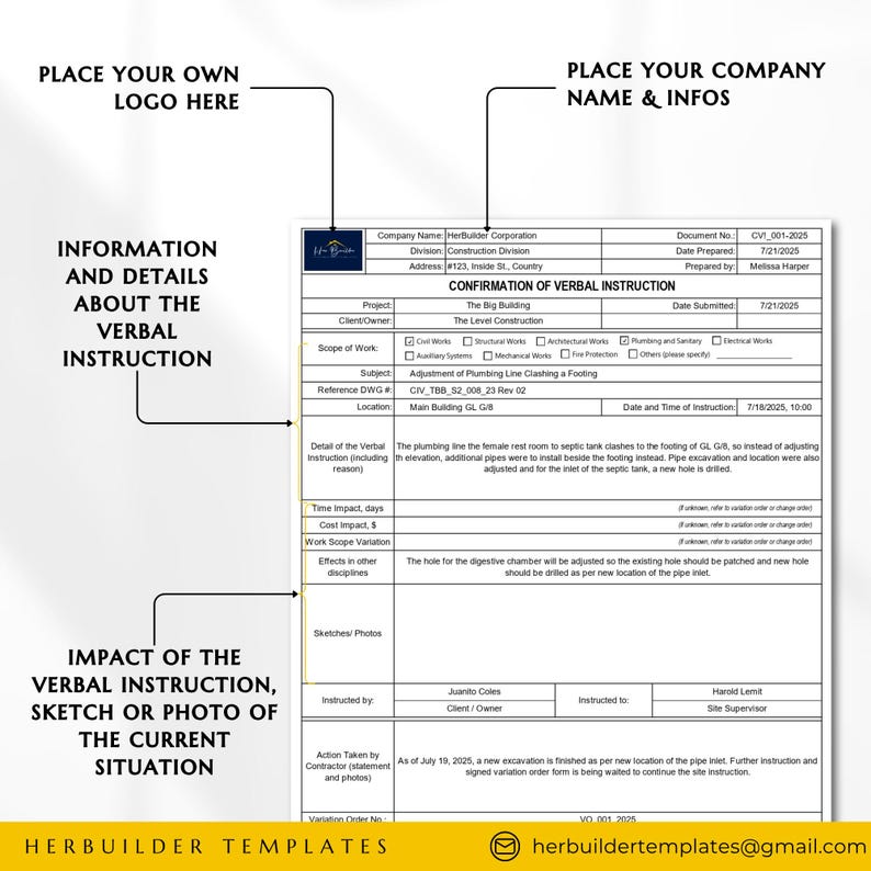 Confirmation of Verbal Instruction Form, Site Instruction Form, Change ...