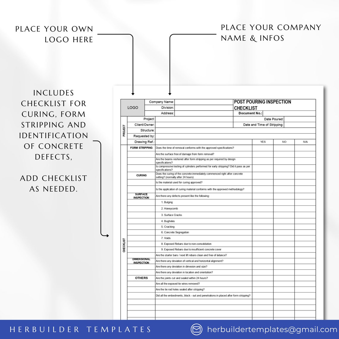 Post Pouring Inspection Checklist, Concrete Pouring Checklist, Quality ...