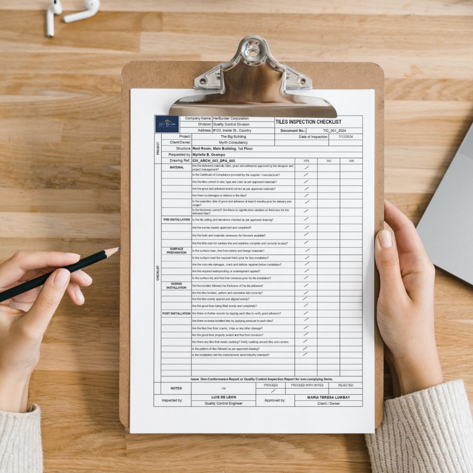 Tiles Inspection Checklist Form, Tiles Installation Inspection, Quality ...