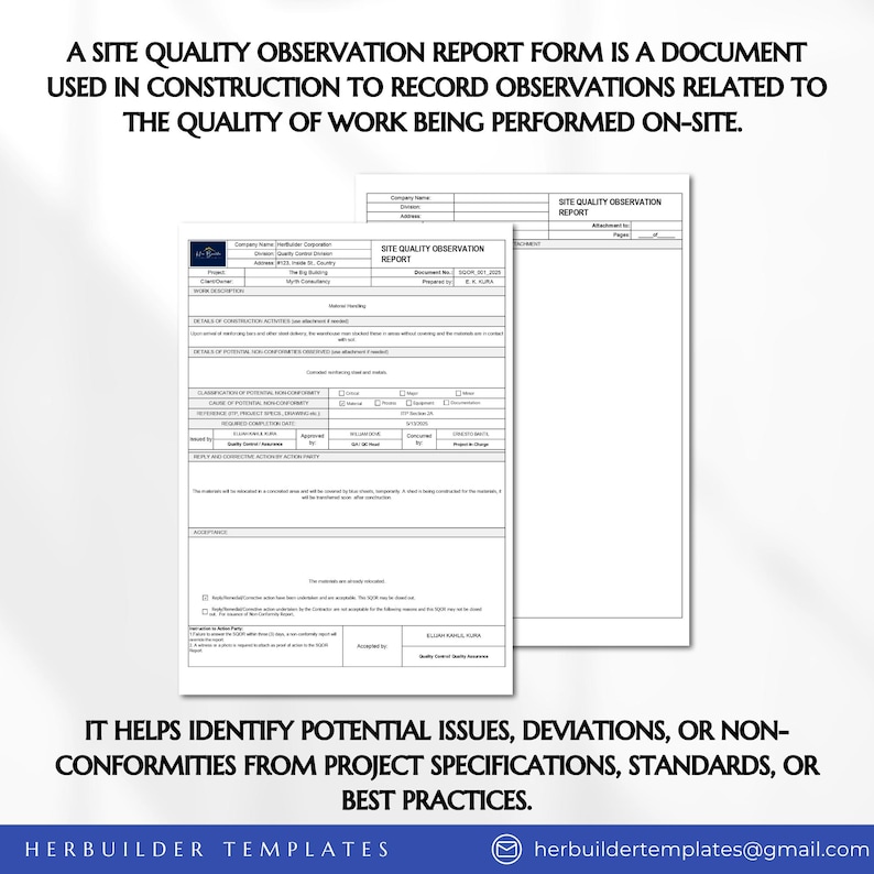 Site Quality Observation Report Form, Quality Control Inspection Report ...