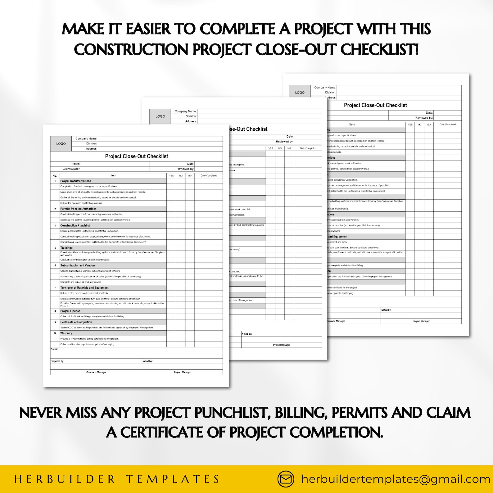 Project Close-out Checklist, Project Completion Form, Certificate of ...