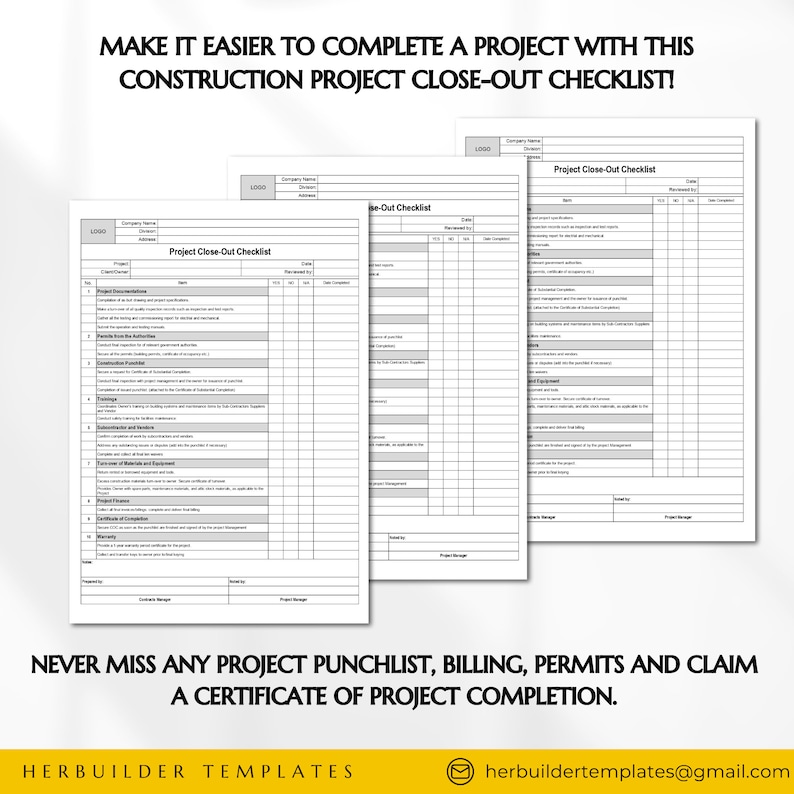 Project Close-out Checklist, Project Completion Form, Certificate of ...