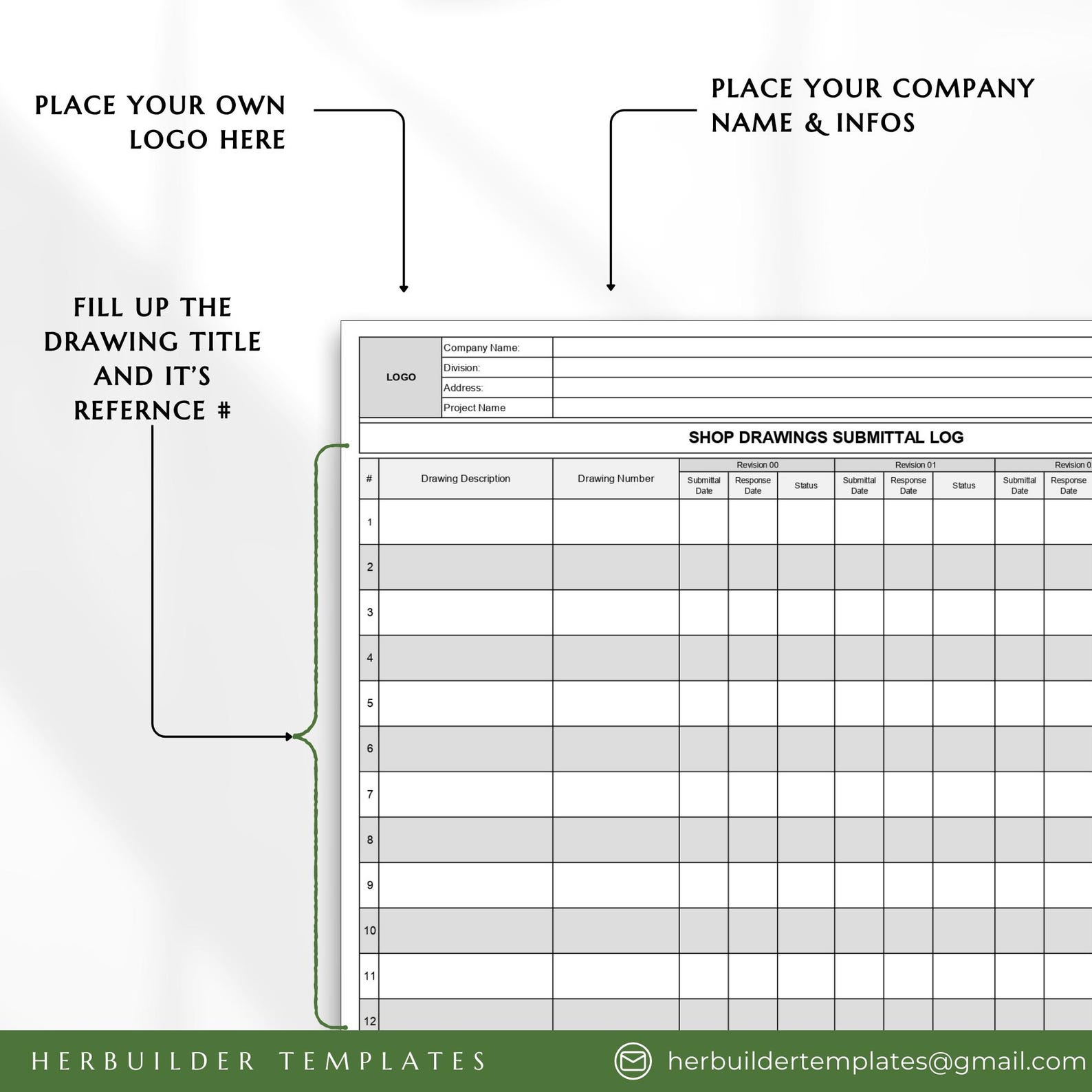 Shop Drawing Submittal Log Form, Drawing Log Submission Record ...
