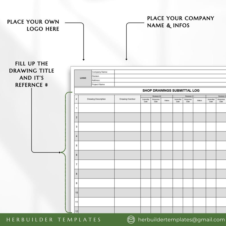 Shop Drawing Submittal Log Form, Drawing Log Submission Record, Construction Drawings Log ...