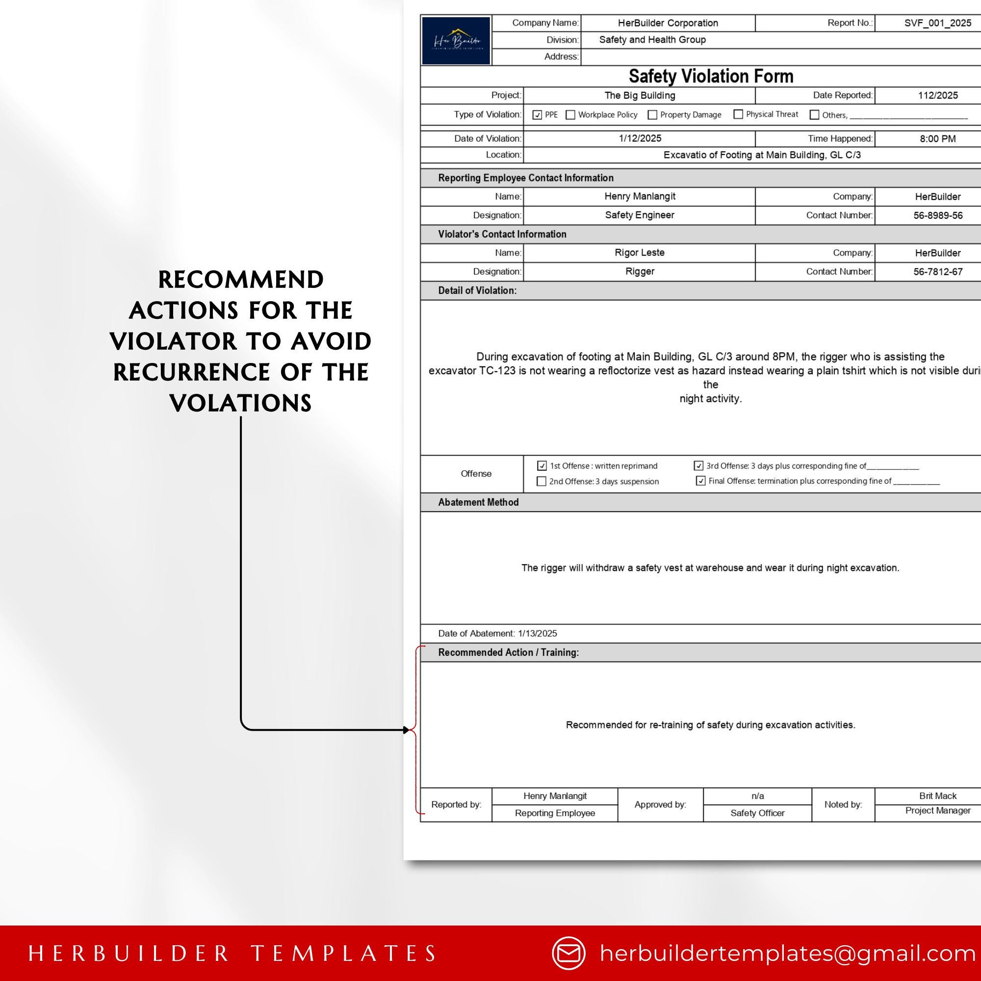 Safety Violation Form, Construction Violation Reports, Unsafe Act ...