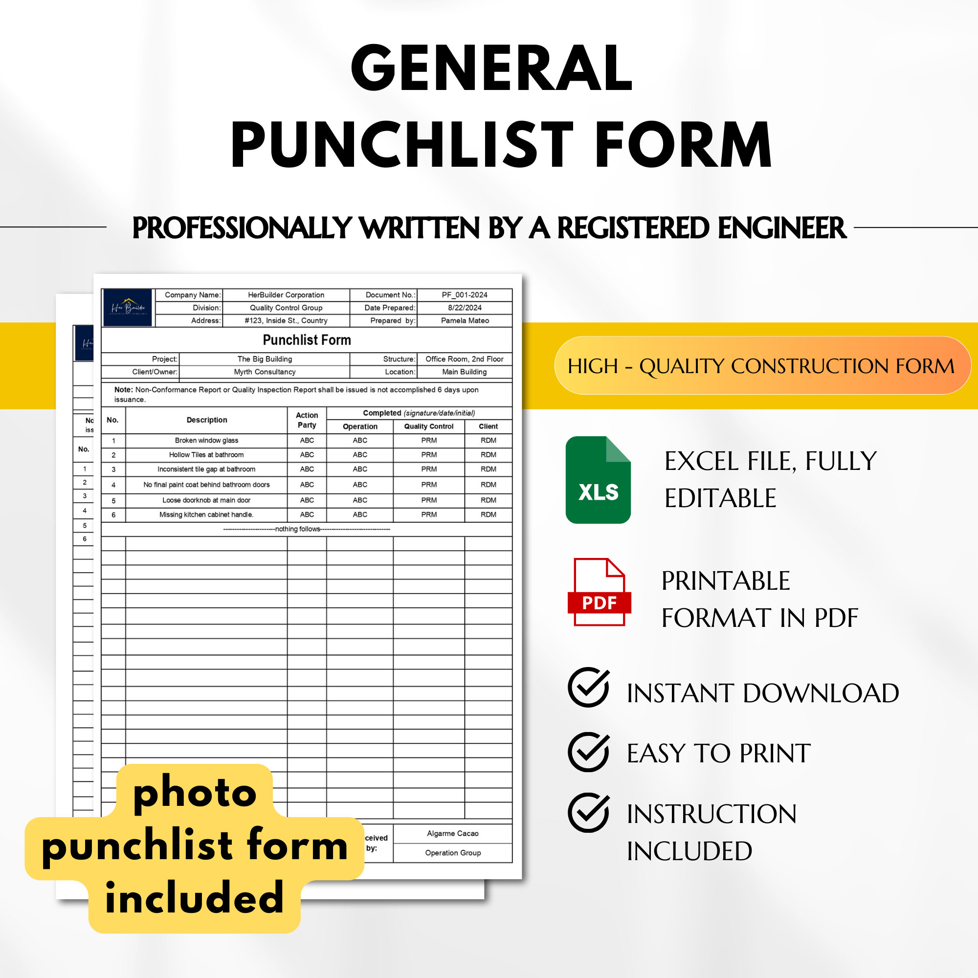 Construction Punchlist Form, General Punchlist Checklist, Project Handover Punchlist, Turnover ...