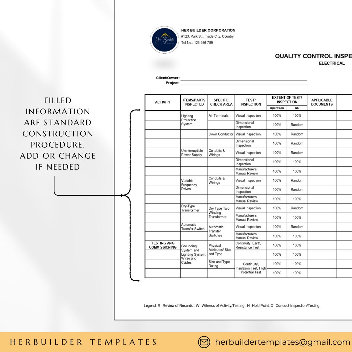 Quality Control Inspection Plan Template for Electrical Works ...