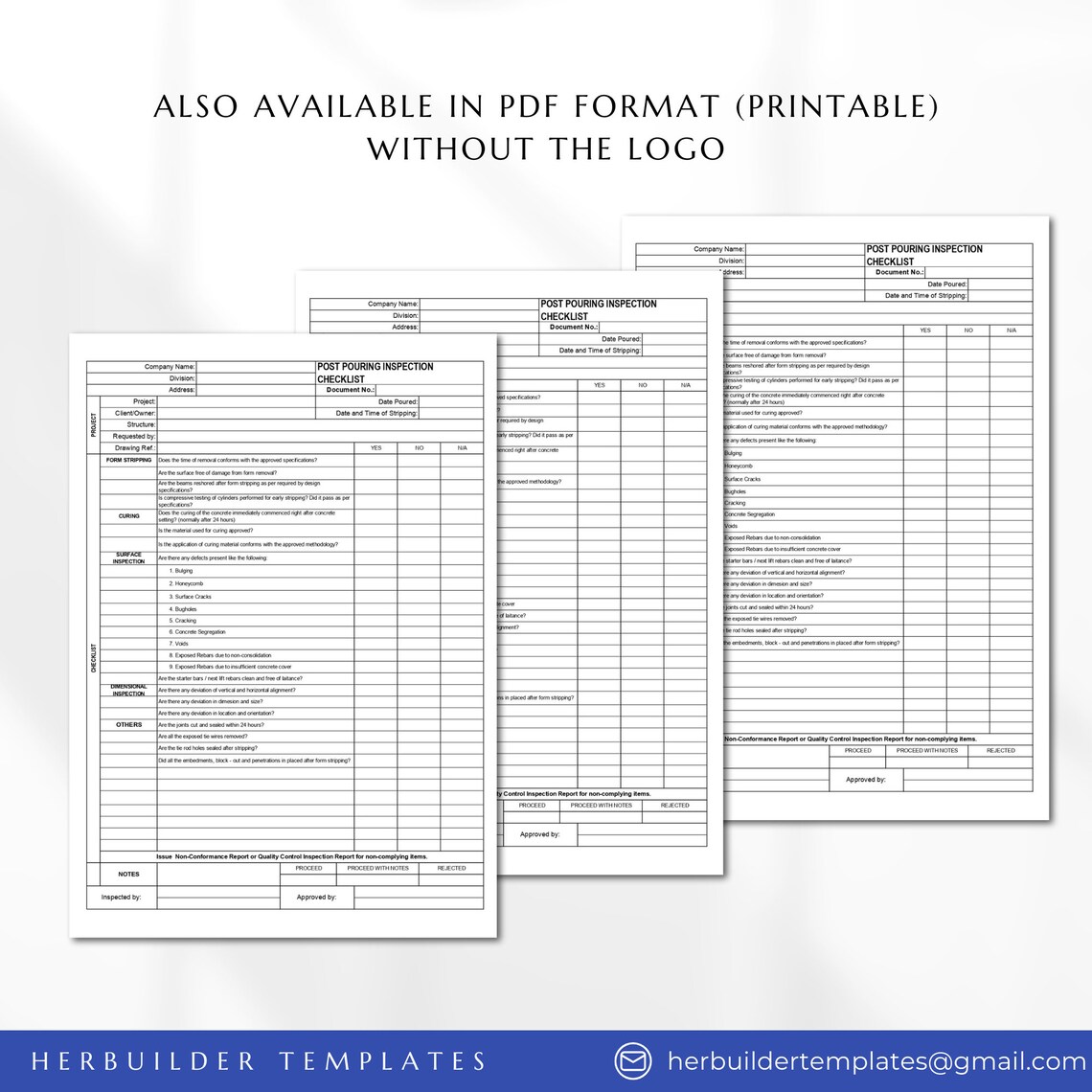 Post Pouring Inspection Checklist, Concrete Pouring Checklist, Quality ...