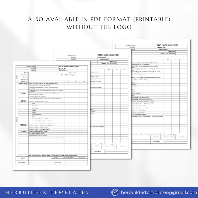 Post Pouring Inspection Checklist, Concrete Pouring Checklist, Quality ...